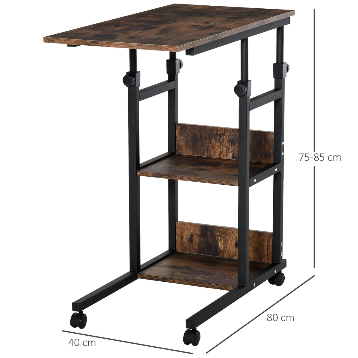 Industrial C Shaped Mobile Rolling Sofa Side Table with 3 Tier Storage Shelving Adjustable Height Wheels Bed Adjust Height Cart w