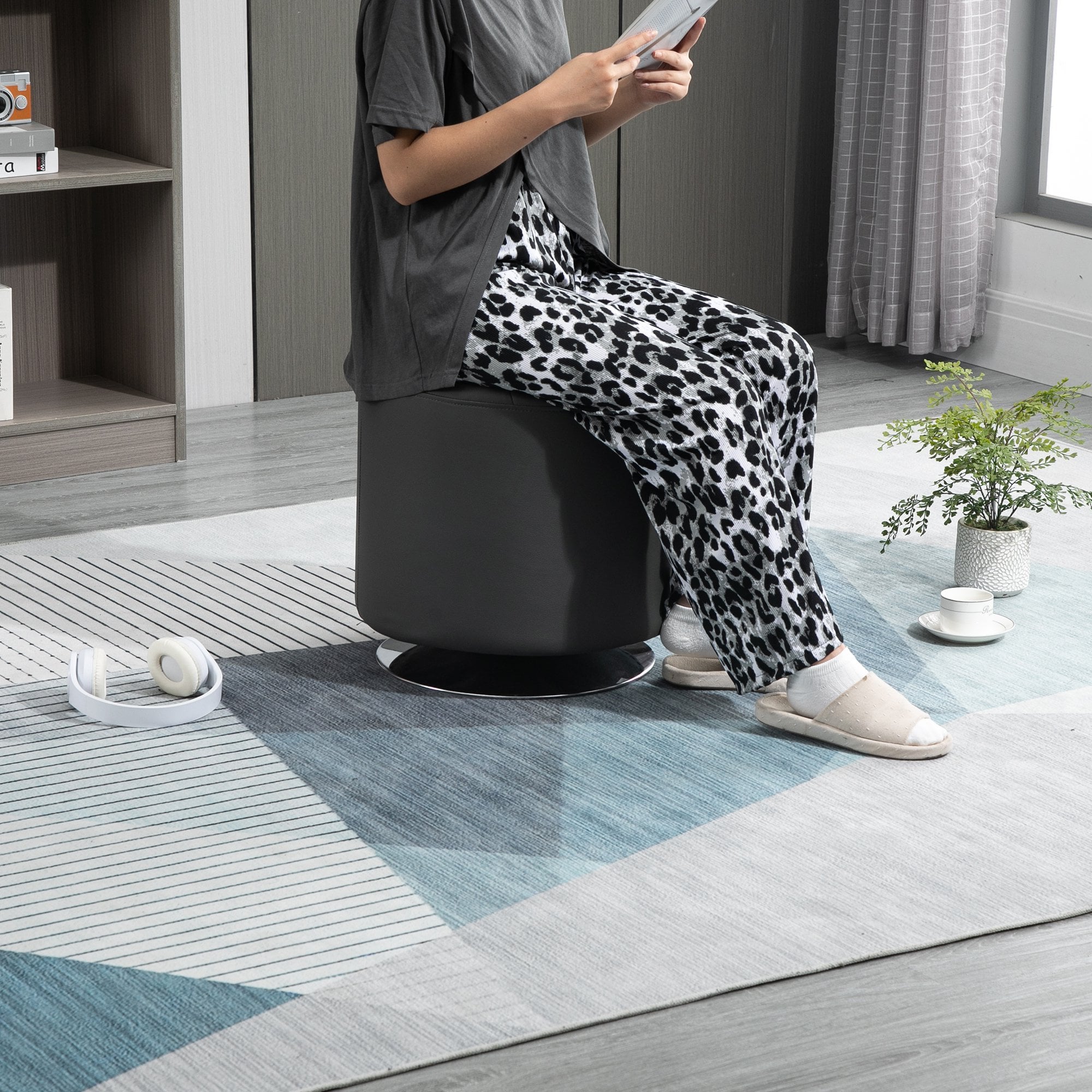 360 Swivel Foot Stool Round PU Ottoman with Thick Sponge Padding and S