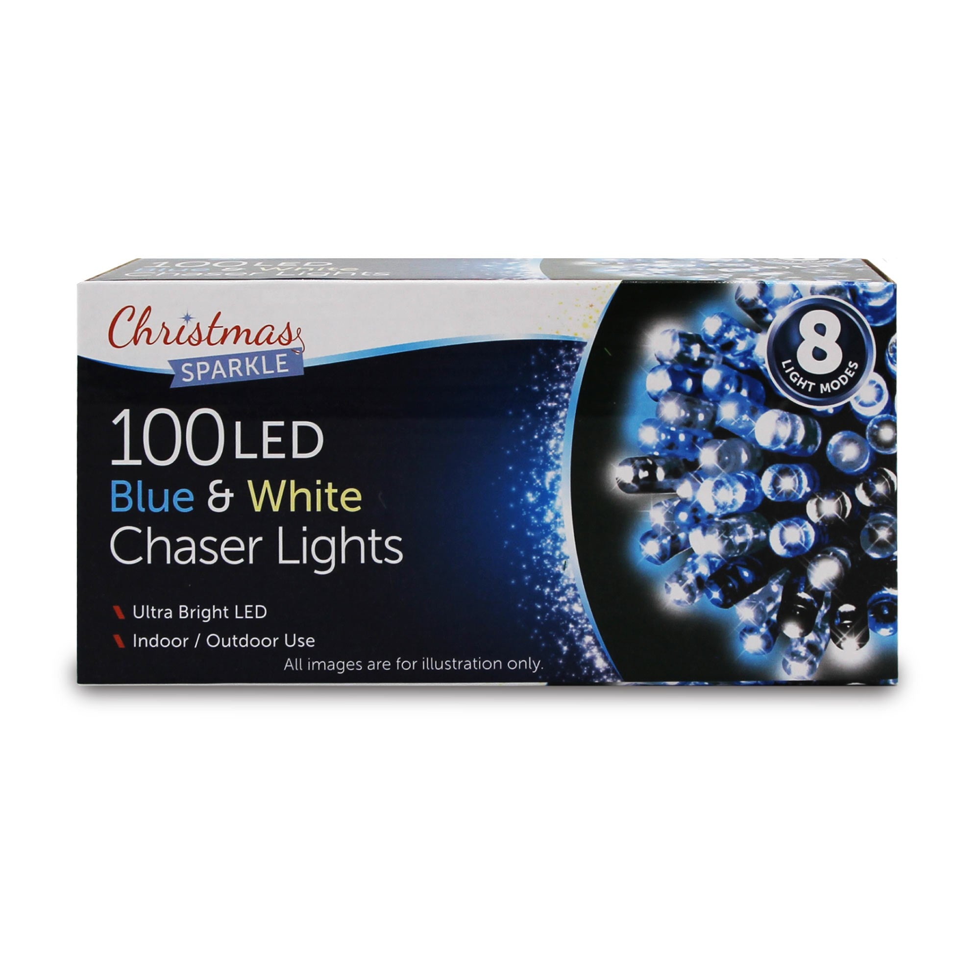 Christmas Sparkle Indoor and Outdoor Chaser Lights x 100 in Blue and W