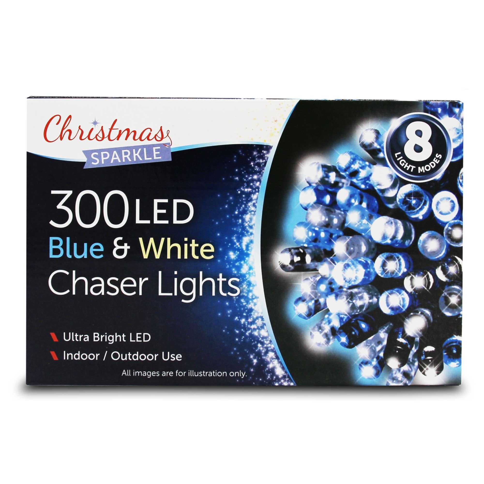 Christmas Sparkle Indoor and Outdoor Chaser Lights x 300 Blue and Whit