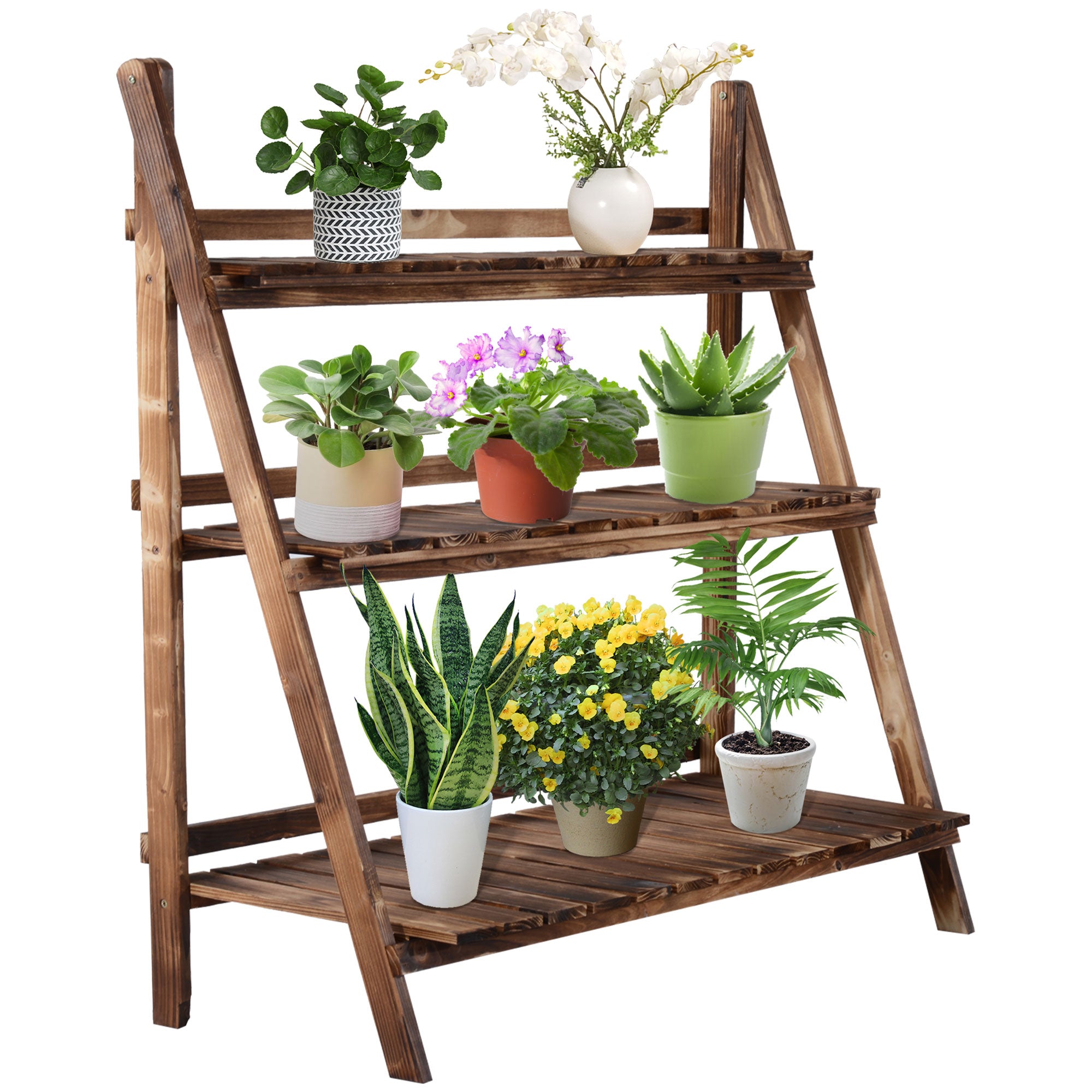 Outsunny Flower Stand Plant Display Rack 3-Tier Foldable Wood Garden P