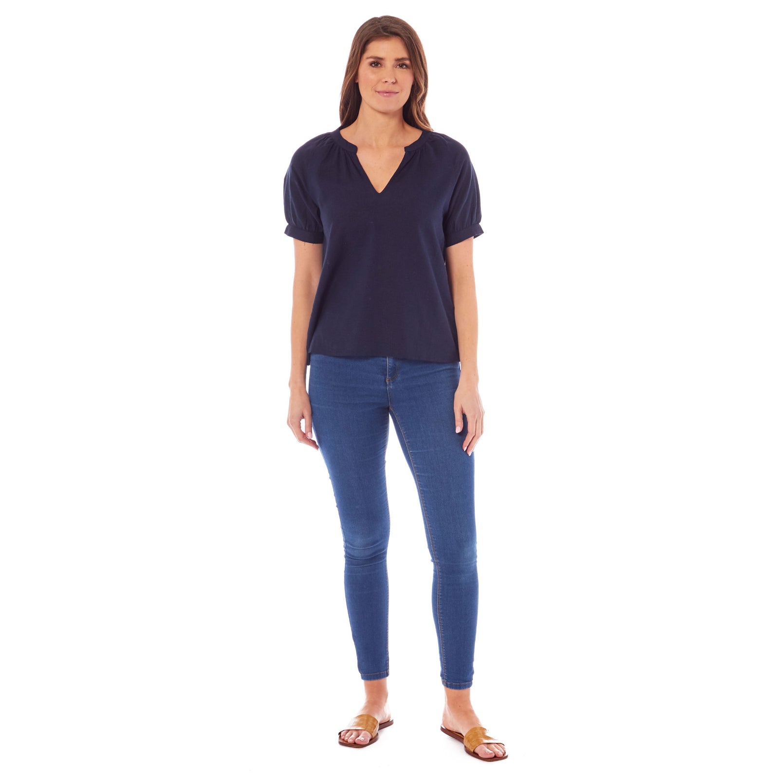 Ladies Linen Top - Navy Blue