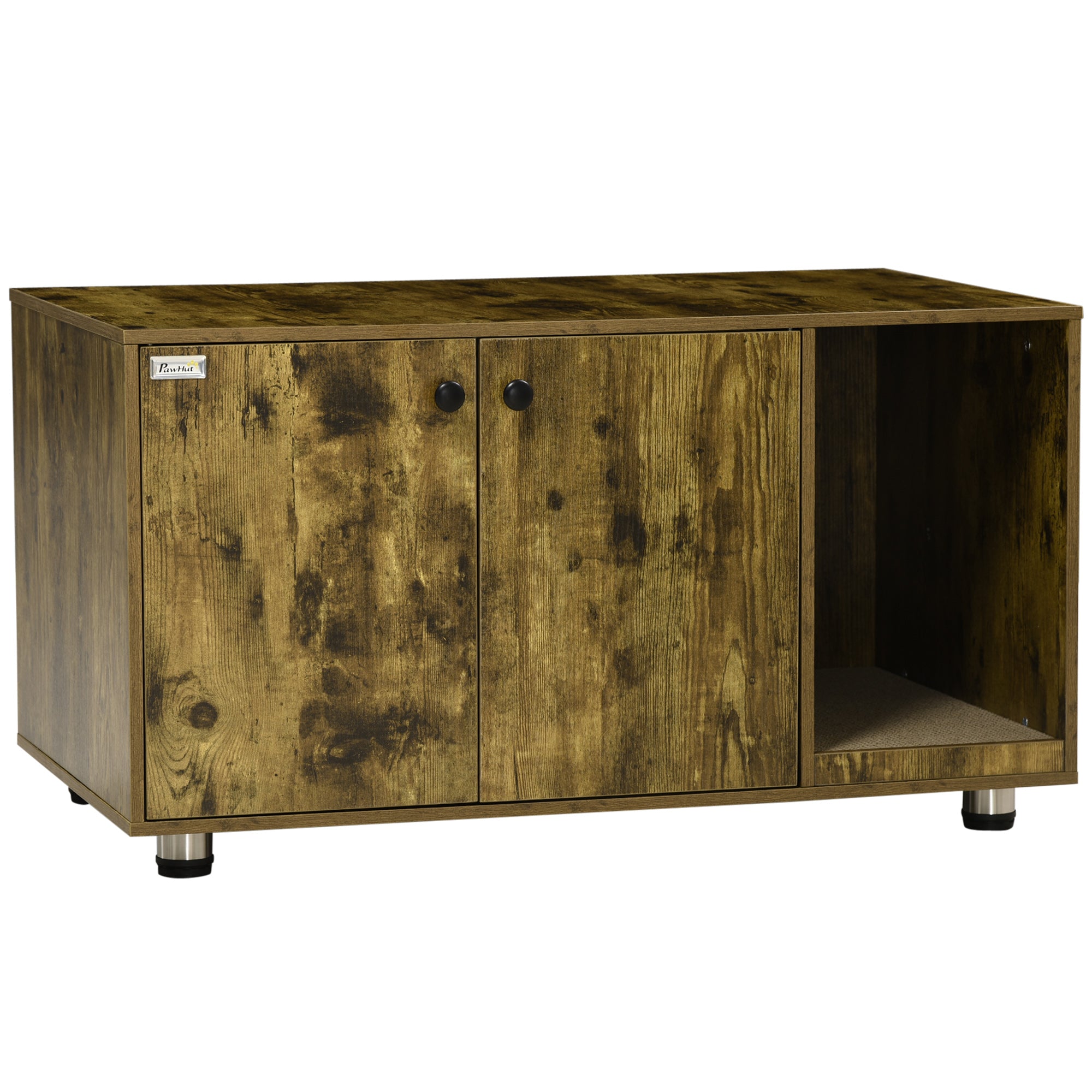 PawHut Cat Litter Box Enclosure, End Table with Double Doors, Rustic B