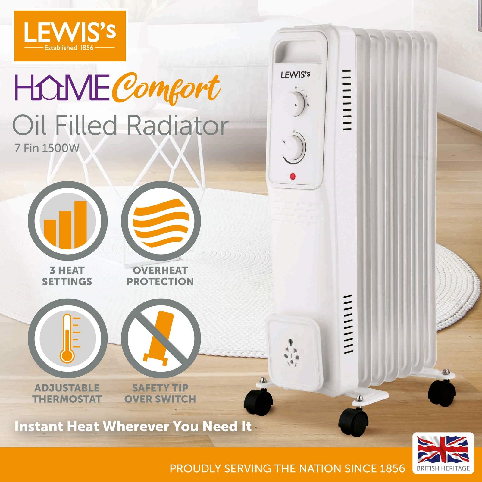Lewis's Oil Filled Radiator 7 Fin - 1500w White