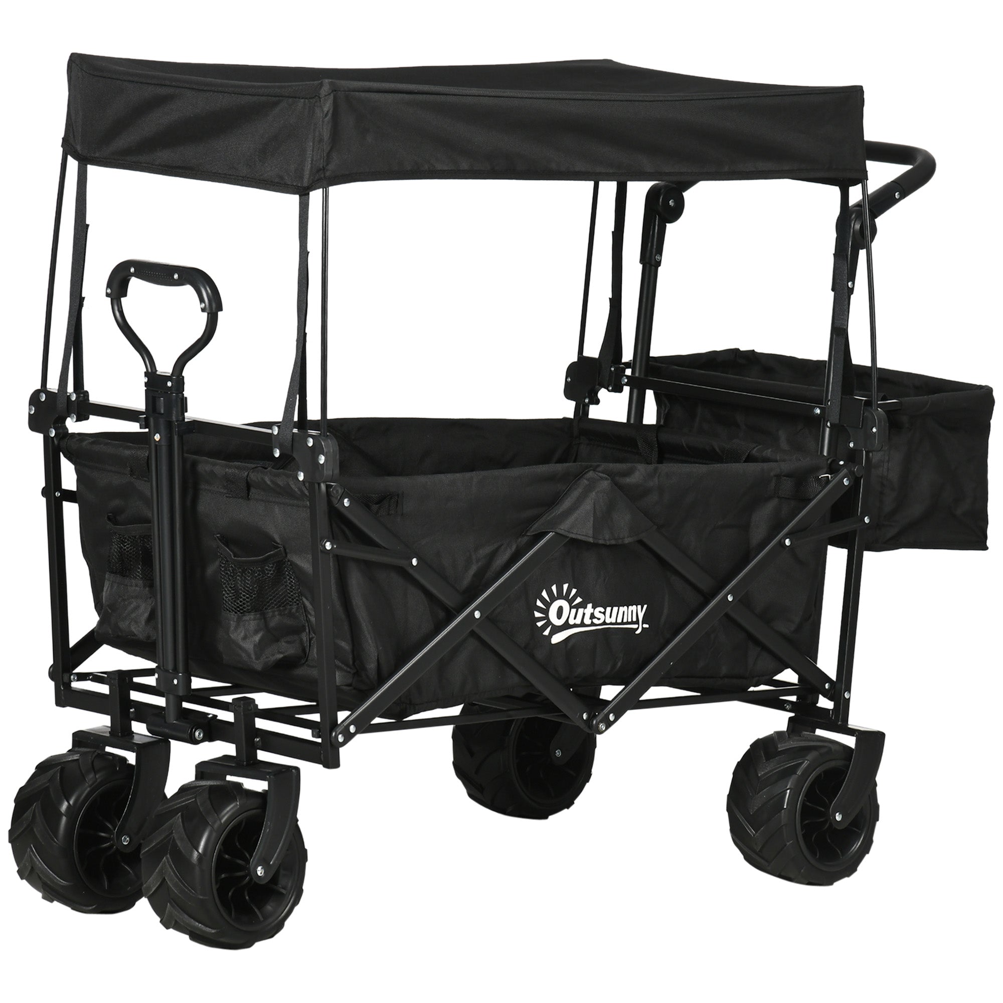 Outsunny Outdoor Push Pull Wagon Stroller Cart w/ Canopy Top Black