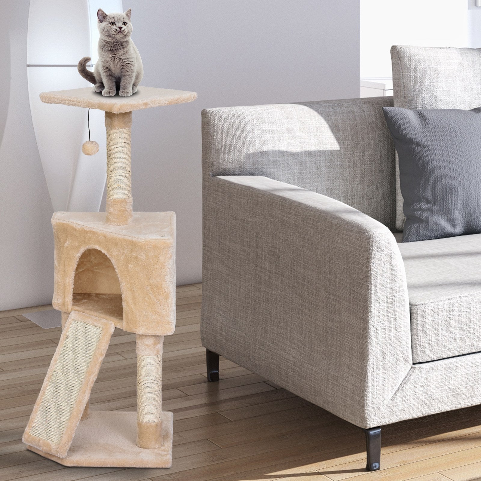 PawHut Corner Cat Tree Tower for Indoor Cats with Scratching Post, Con