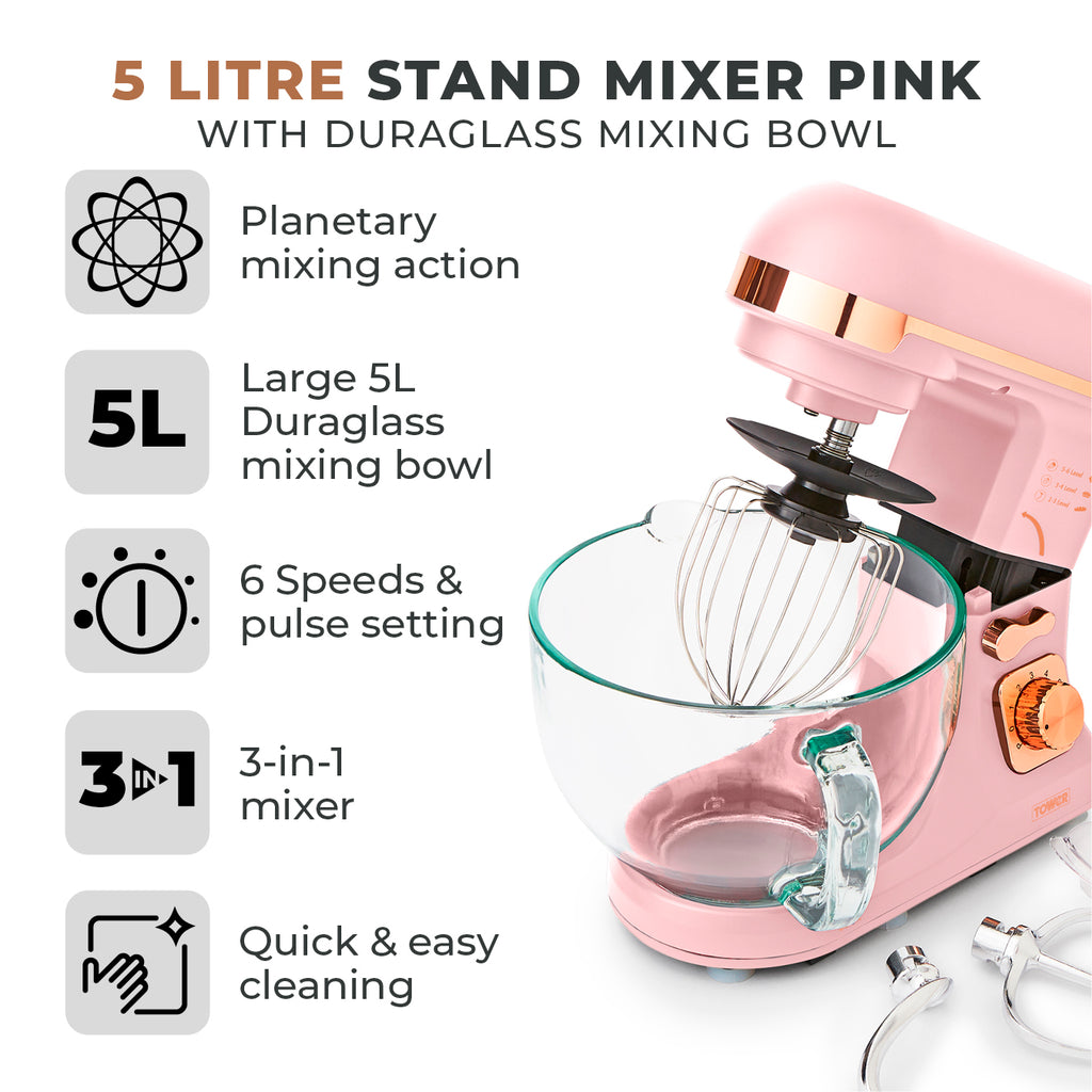 Tower Cavaletto 1000W Stand Mixer with 5L Glass Bowl - Pink
