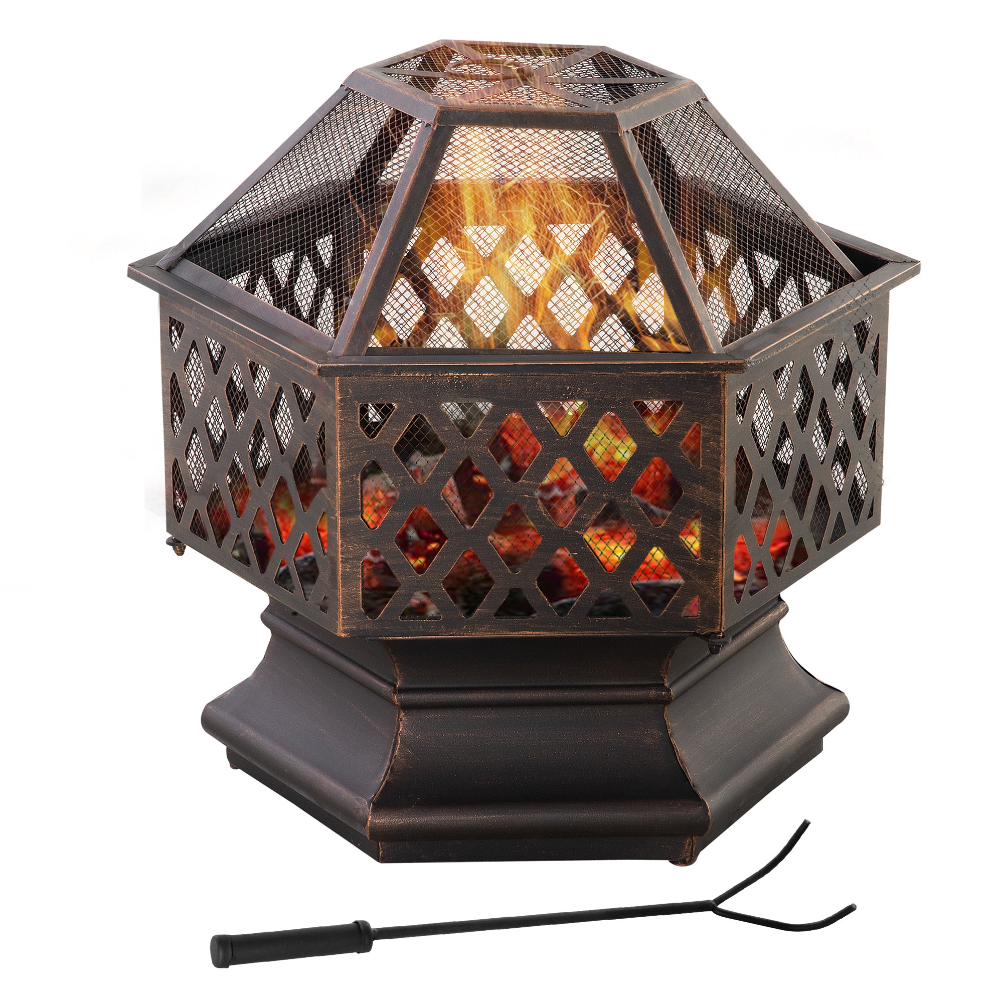 Outsunny Outdoor Fire Pit with Screen and Poker, Backyard Firebowl, Br