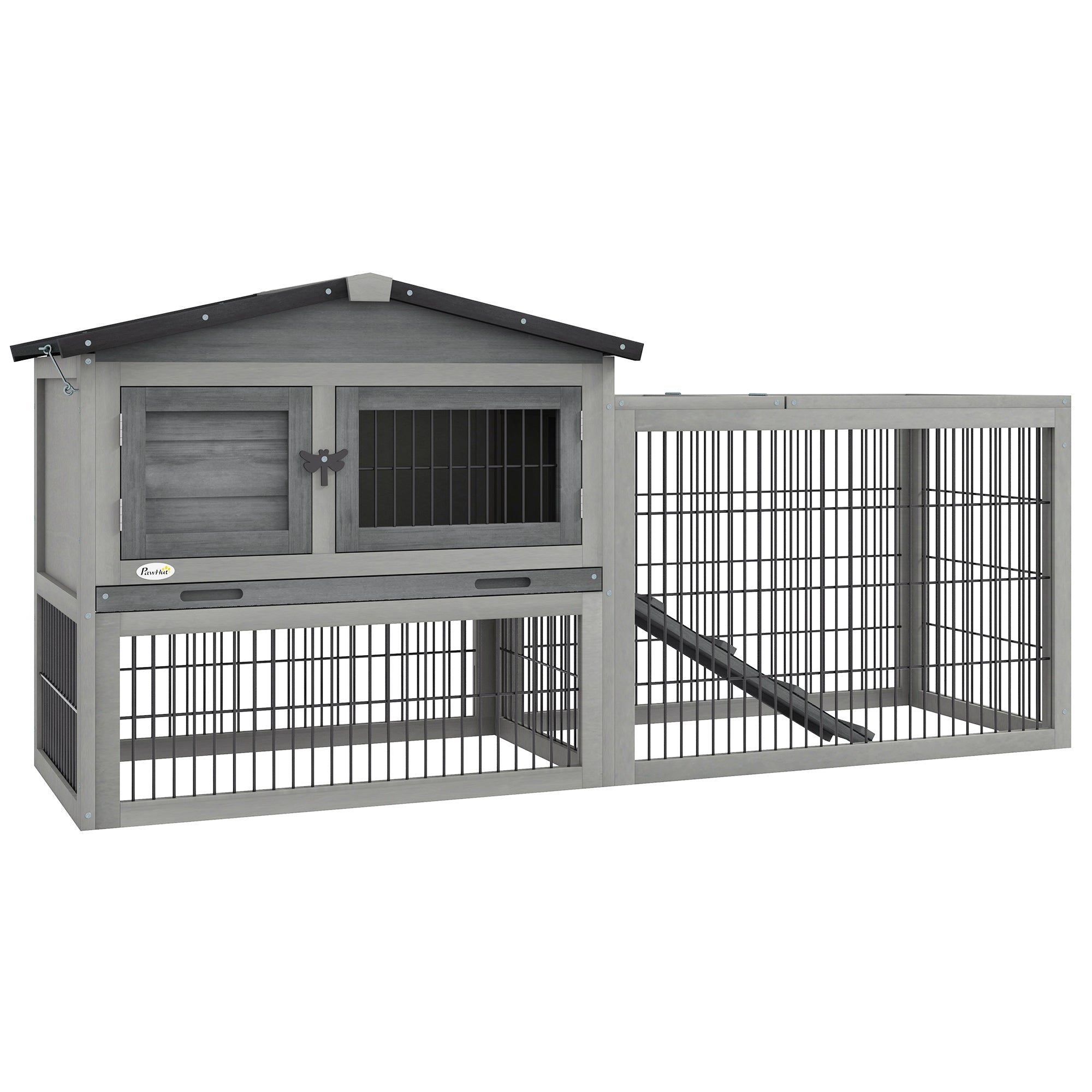 Pawhut Wooden Rabbit Hutch with Run, Asphalt Roof, Pull-Out Tray, Ramp