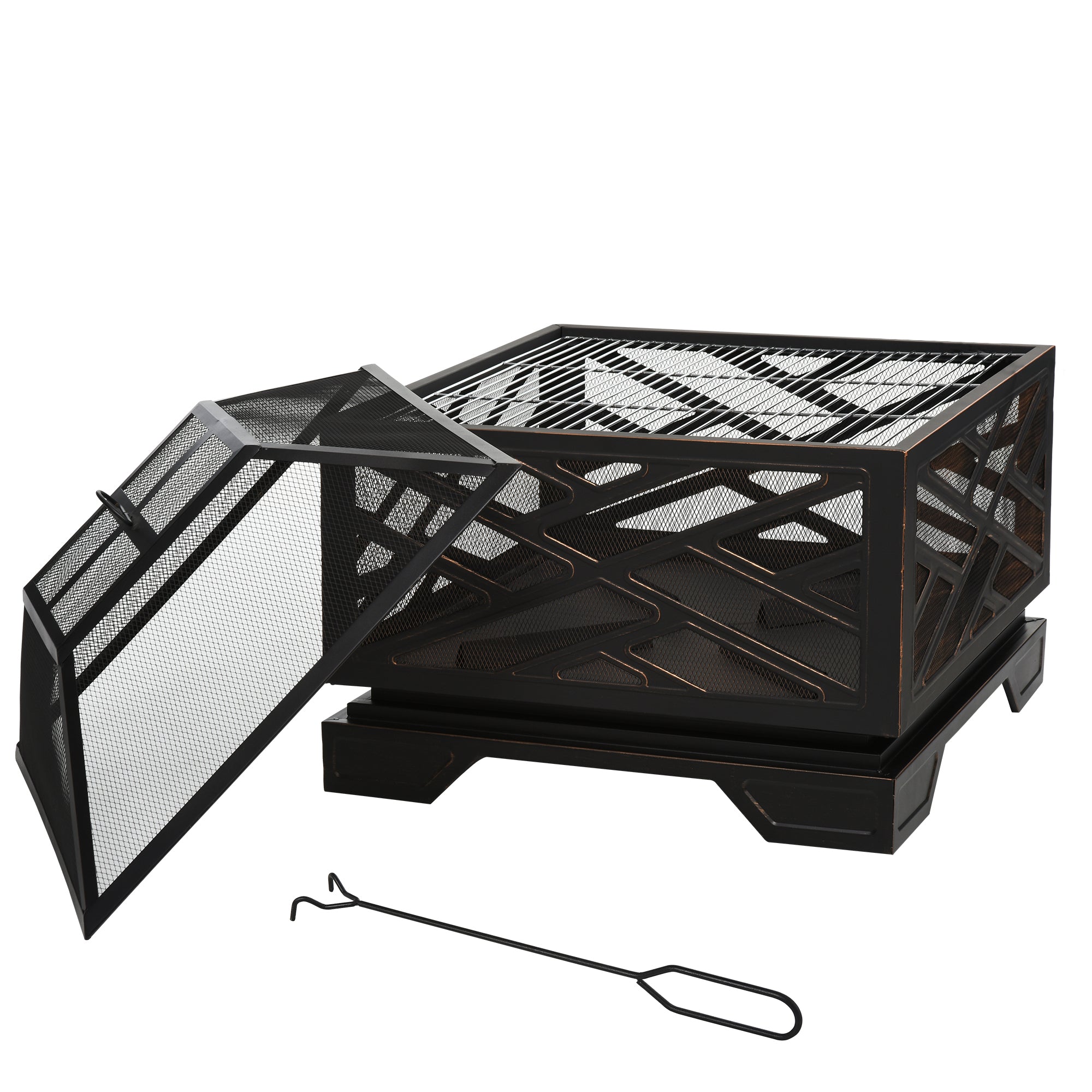 Outsunny 66cm Square Fire Pit Patio Metal Brazier w/ Grill Net Mesh Co