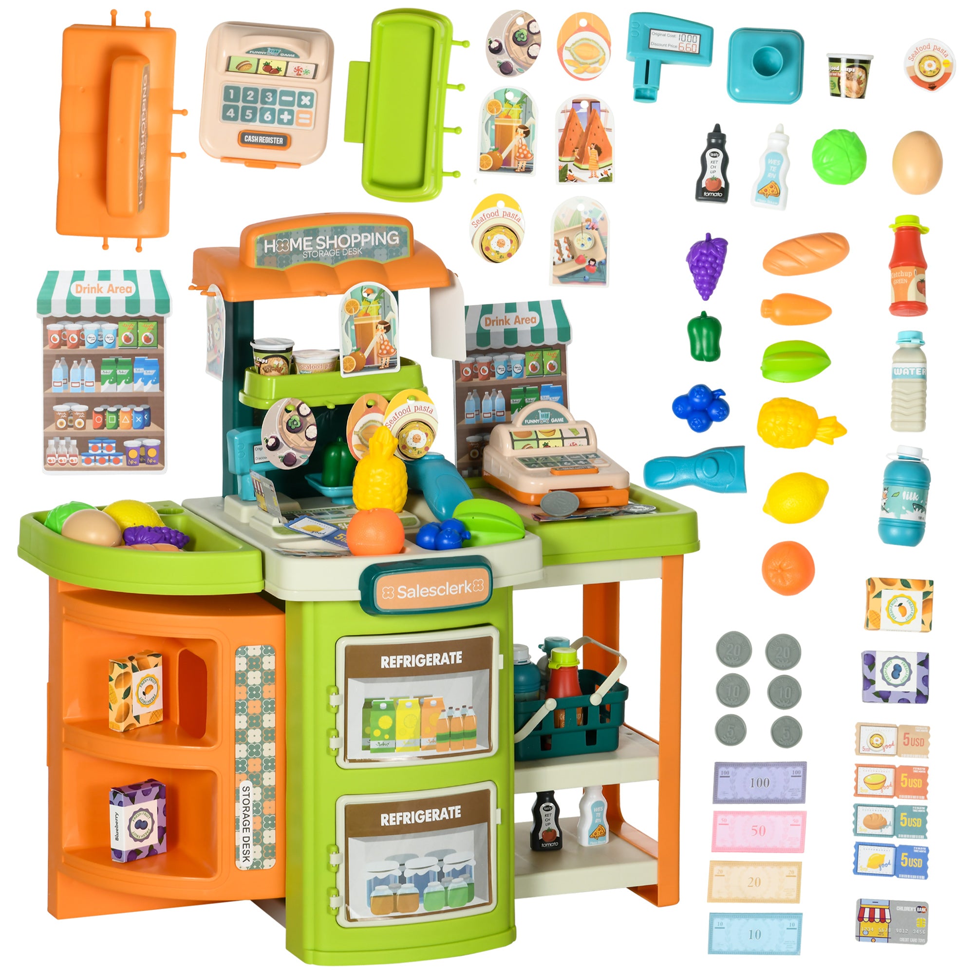 AIYAPLAY 58 Pieces Cash Register for Kids, Children Trolley w/ Scanner