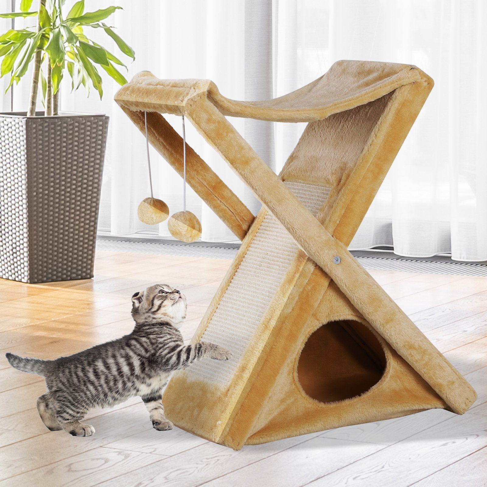 PawHut Plush Folding Cat Tree Play Rest Activity Tower w/ Scratching P