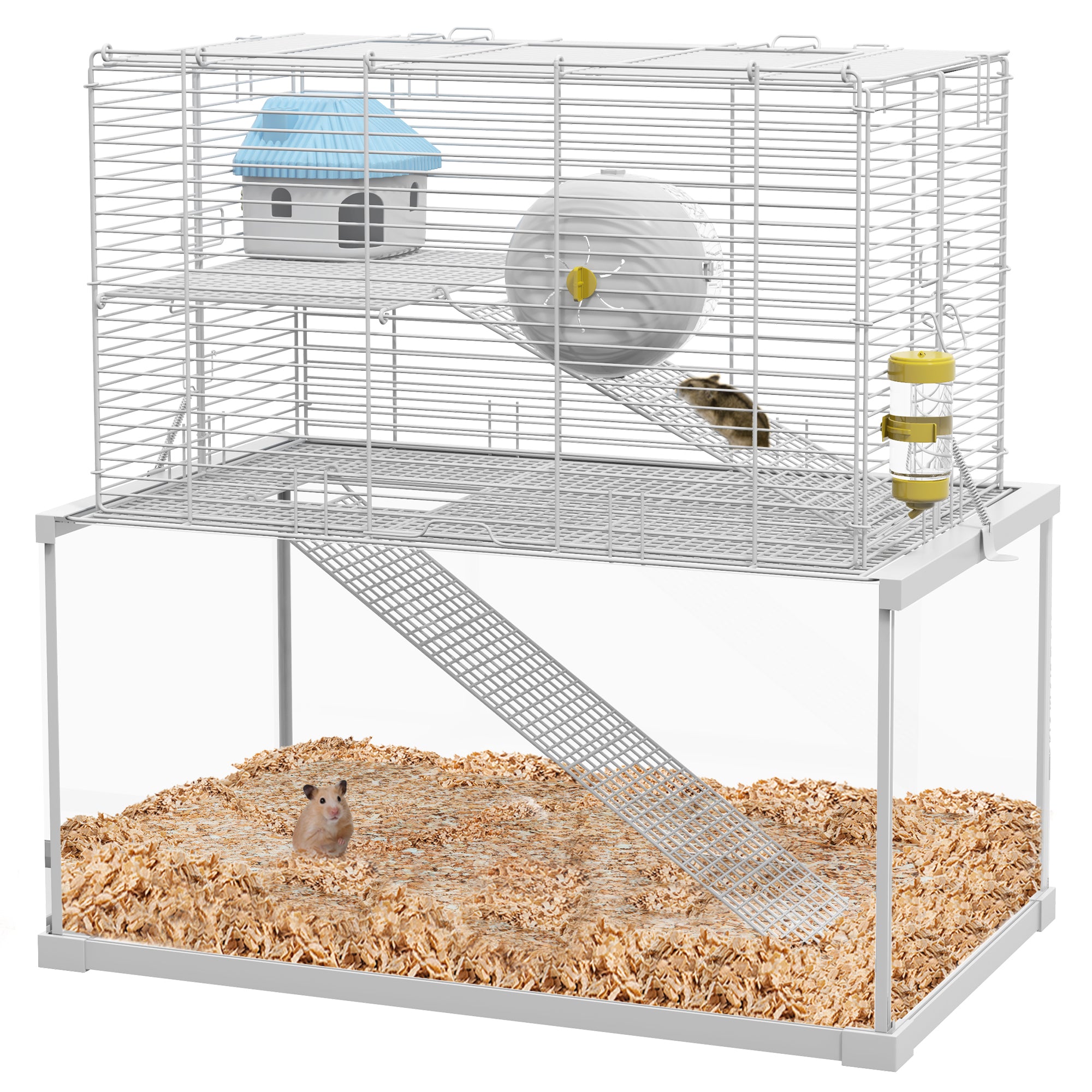 PawHut 3 Tiers Hamster Cage w/ Ramps Platforms Hut Exercise Wheel Wate